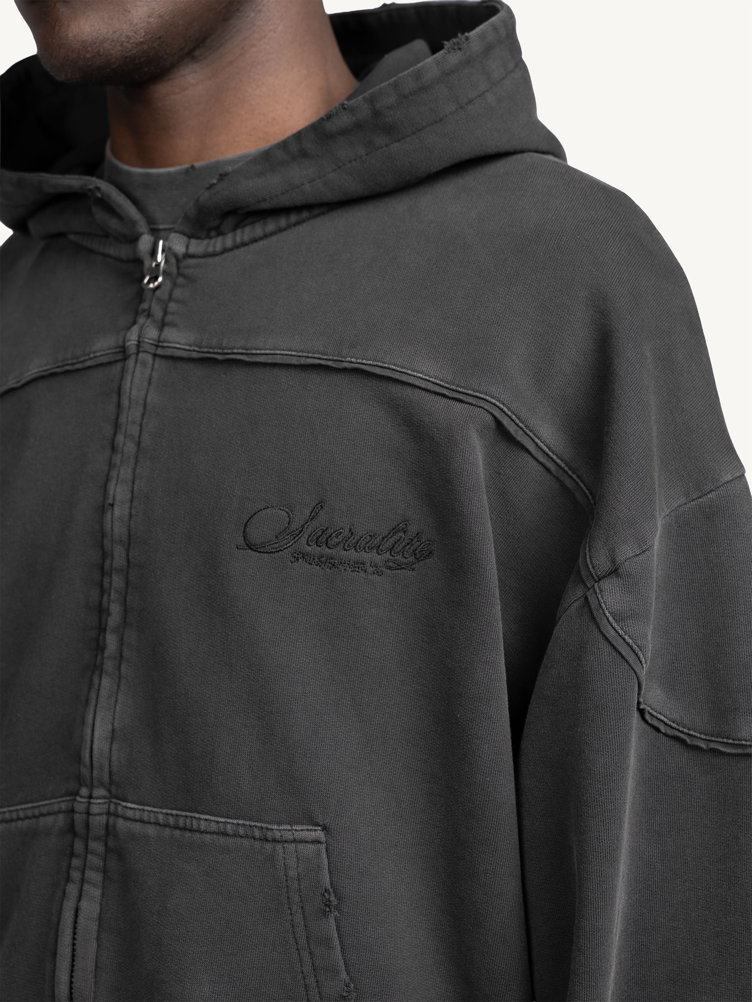 LOGO ZIP HOODIE - WASHED GREY – Sacralite